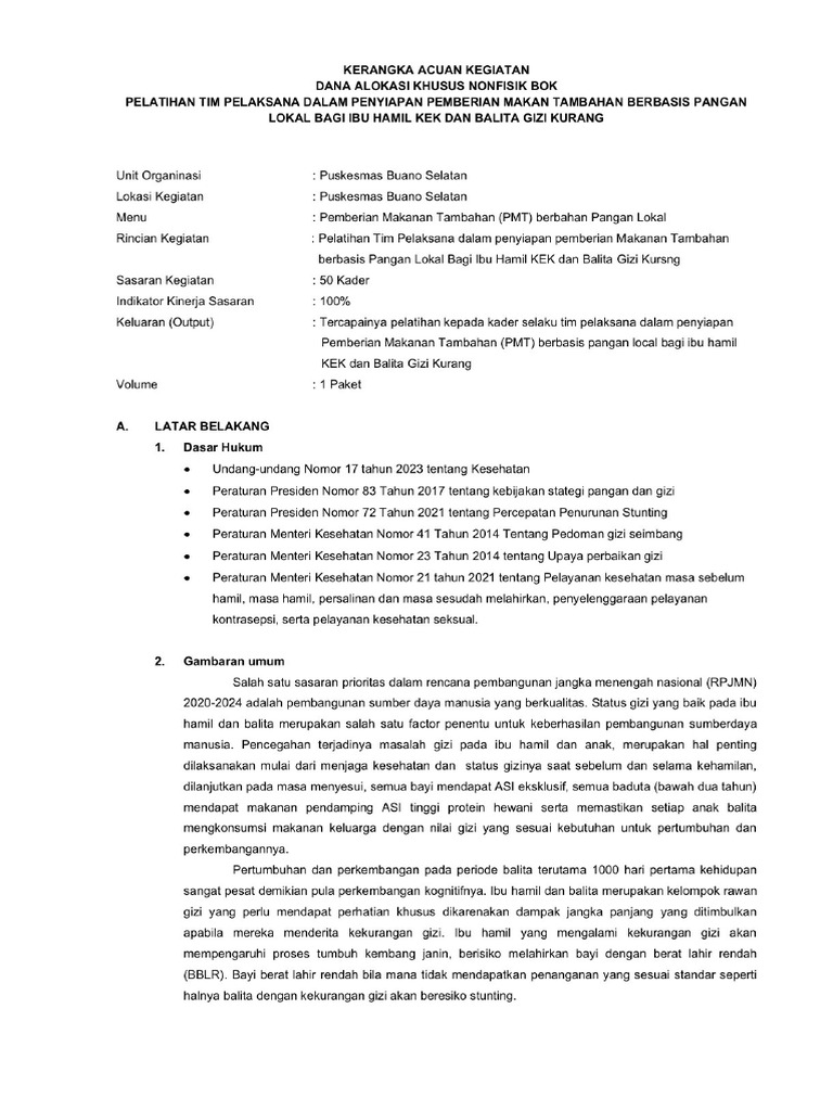 TOR Dan RAB Pelatihan Tim Penyediaan PMT Berbasis Lokal | PDF