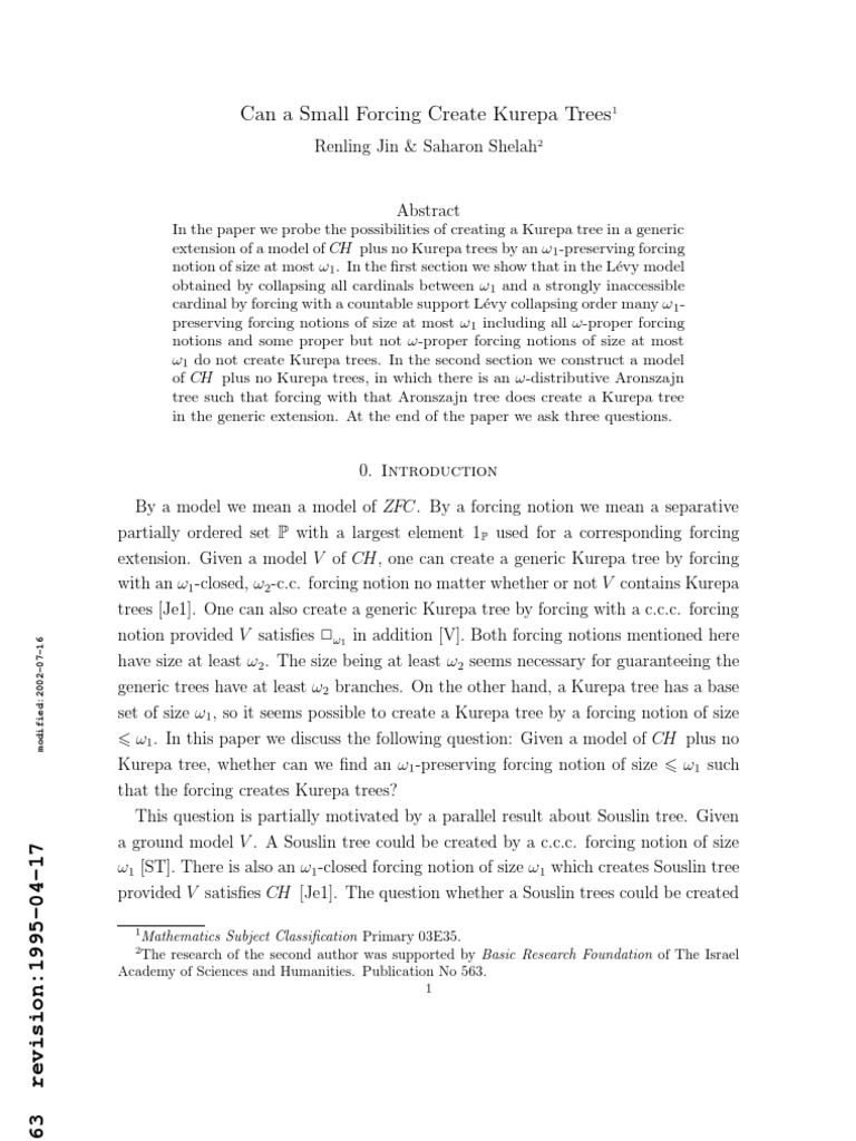 Renling Jin & Saharon Shelah - Can A Small Forcing Create Kurepa Trees ...