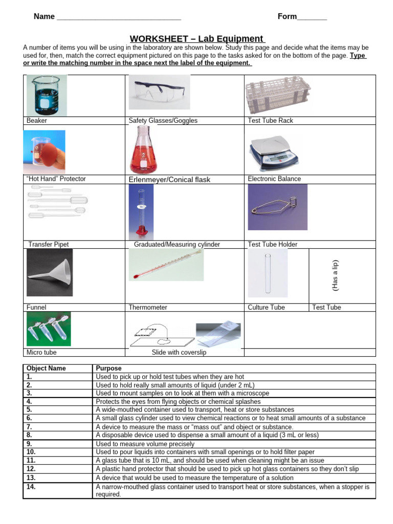 Lab Equipment Identification Worksheet | PDF | Wellness | Science ...