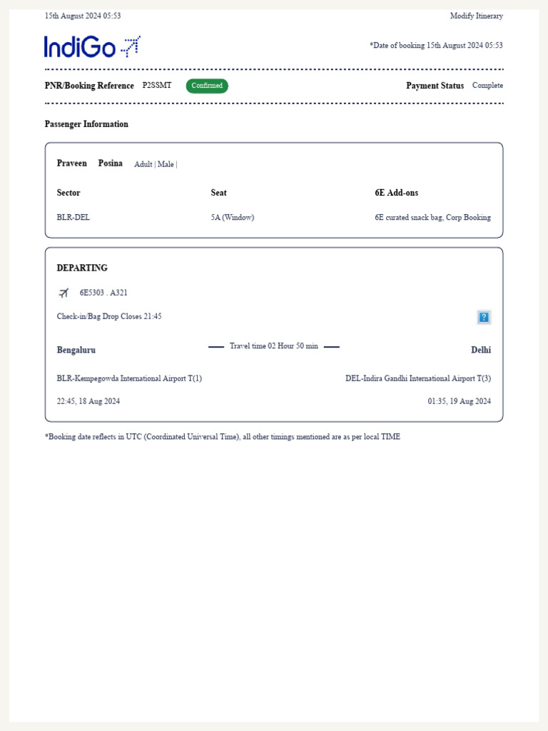 Boarding Pass Blr-Delhi | PDF