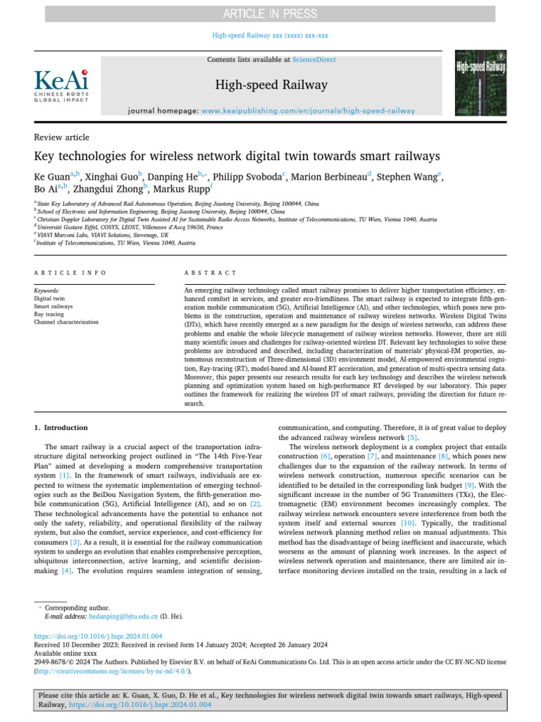 Key Technologies for Wireless Network Digital Twin Towards Smart Railways | PDF