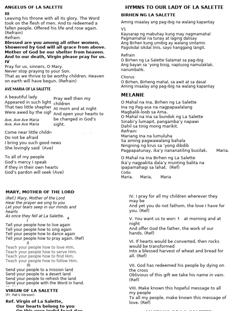 LA SALETTE HYMNS Book Form1 | PDF