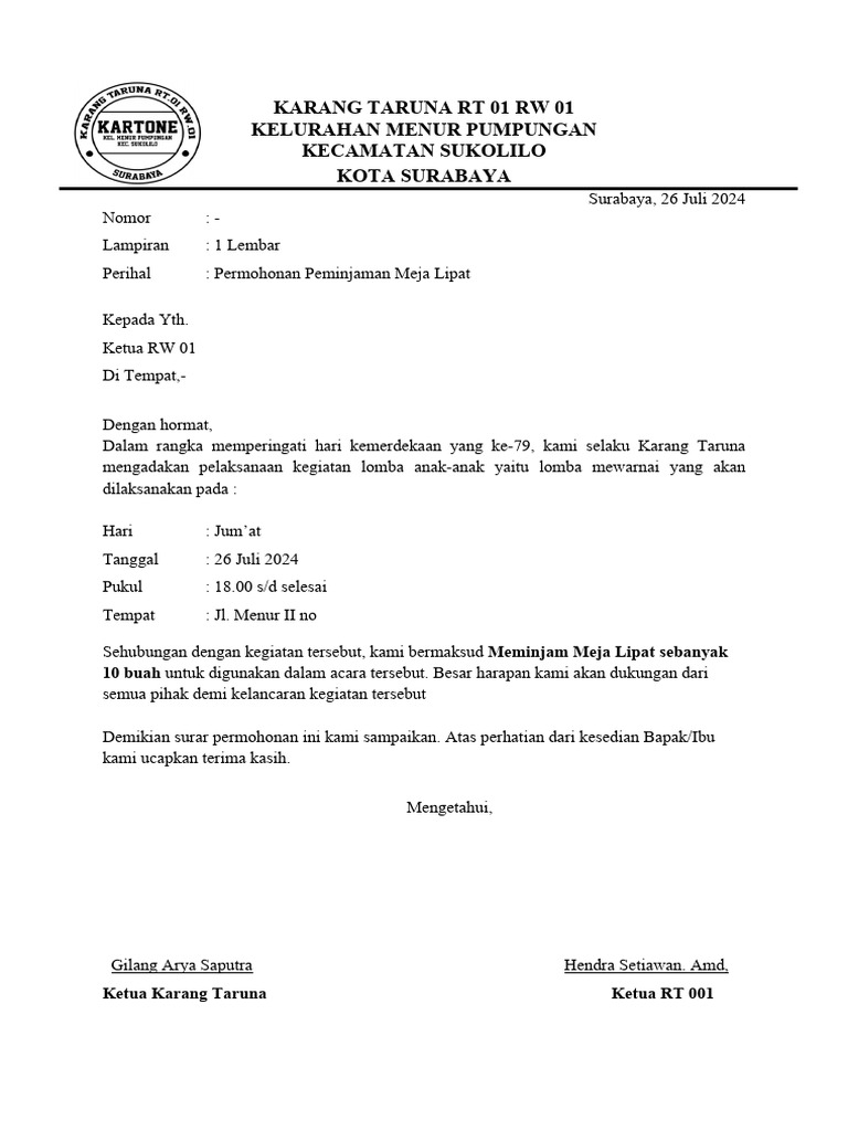 Surat Peminjaman Meja RW | PDF