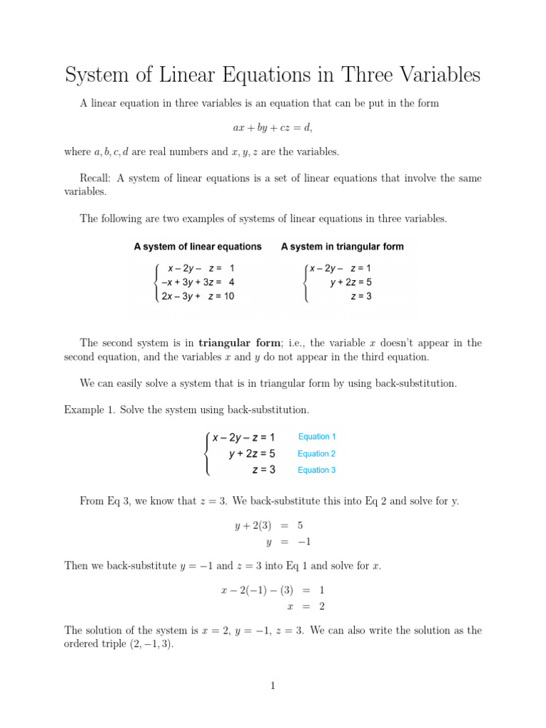 System of Linear Equations in Three Variables | PDF