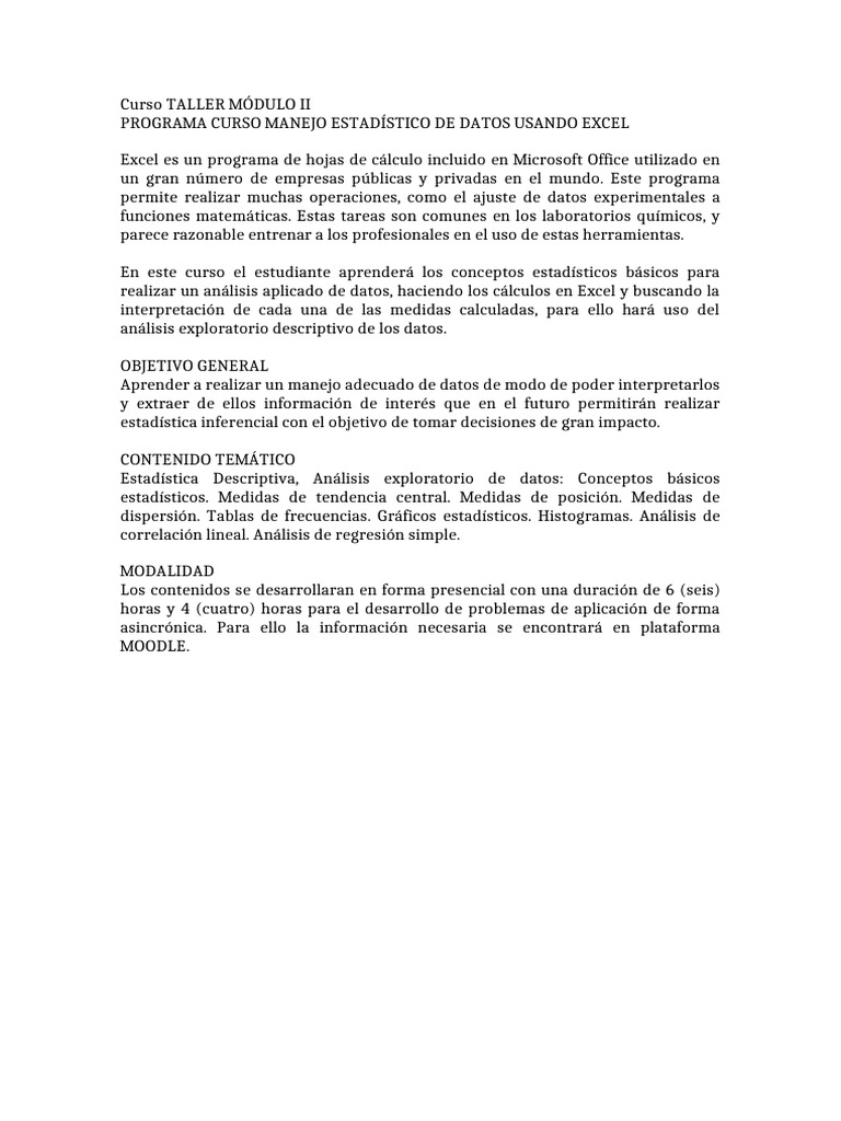 PROGRAMA MÓDULO II - CURSO MANEJO ESTADÍSTICO DE DATOS USANDO EXCEL | PDF PROGRAMA MÓDULO II - CURSO MANEJO ESTADÍSTICO DE DATOS USANDO EXCEL | PDF