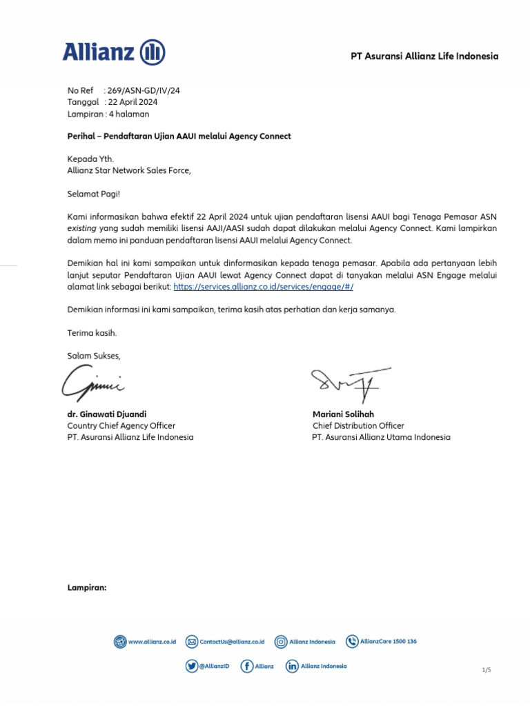 Memo Pendaftaran Ujian AAUI Lewat Agency Connect | PDF