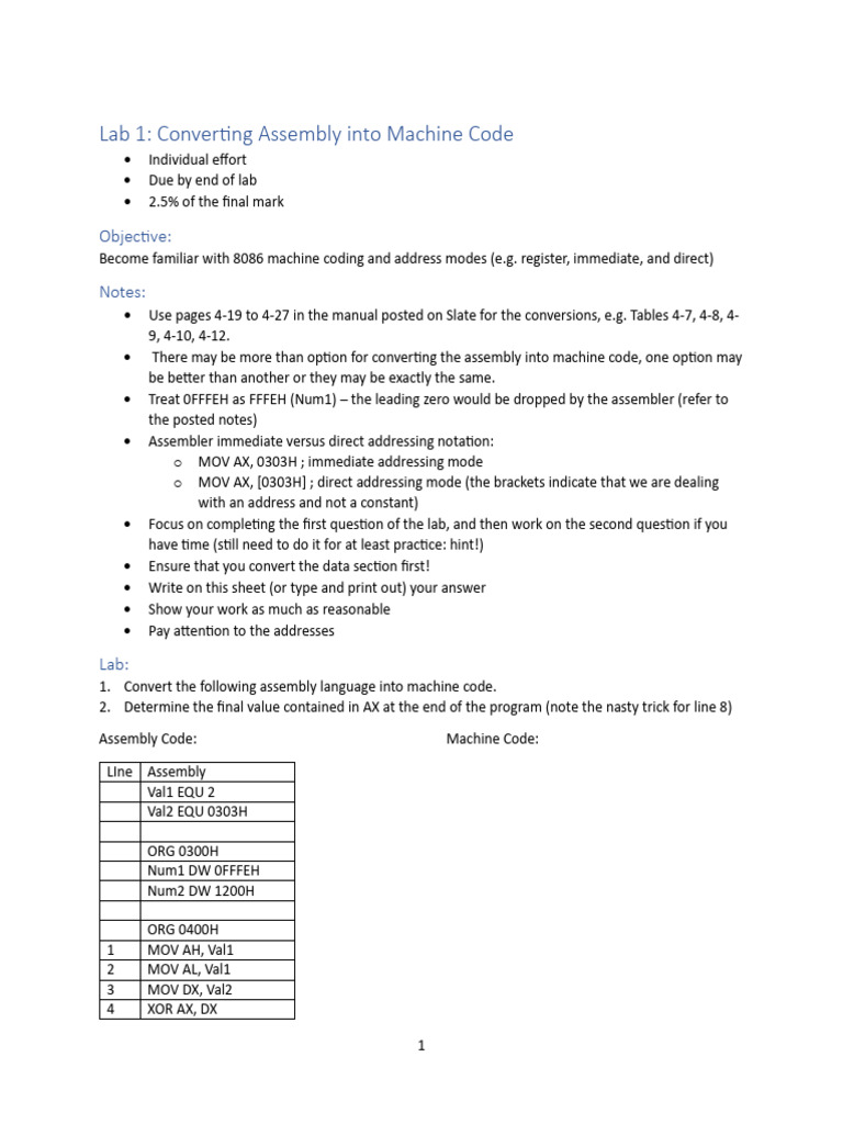 Lab 1 Converting Assembly To Machine Code | PDF
