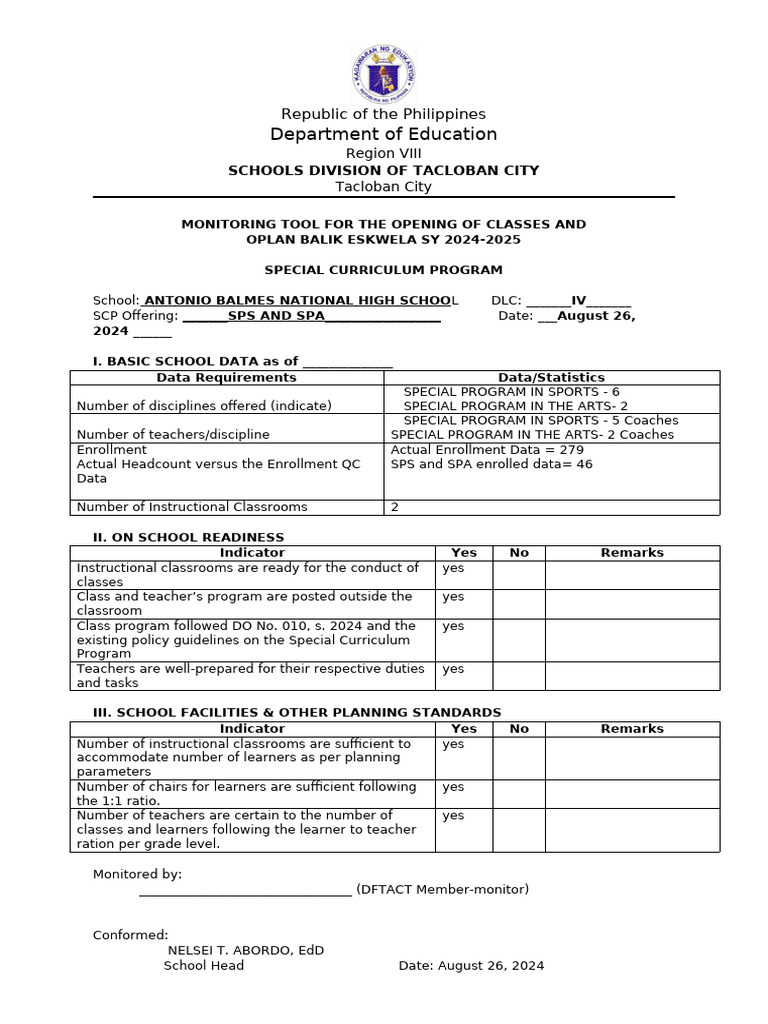 Monitoring Tool Special Curriculum Program | PDF
