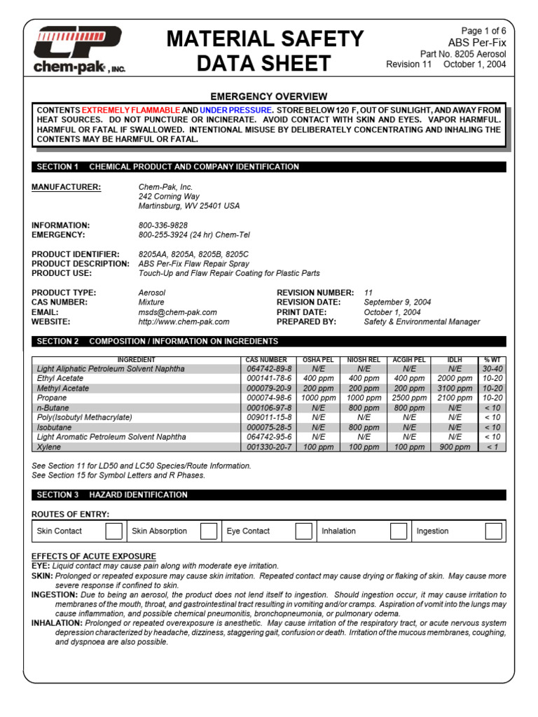 ChemPak MSDS - CPI - 8205 - ABS - Per-Fix - Aerosol - Revision - 11 | PDF