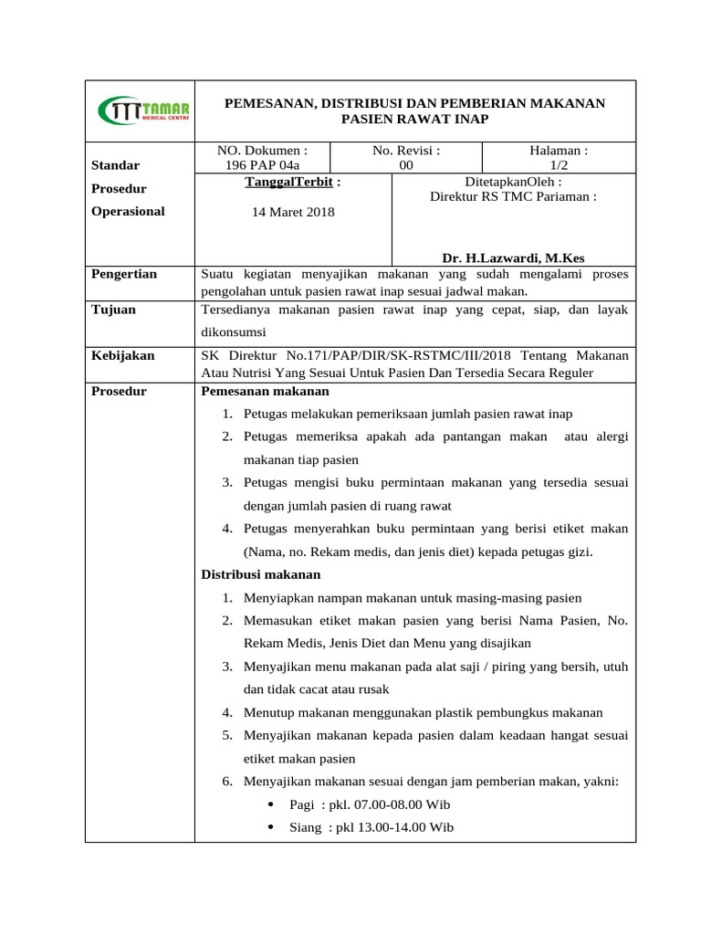 SOP PAP 4 (Pemesanan,distribusi,pemberian makan) | PDF