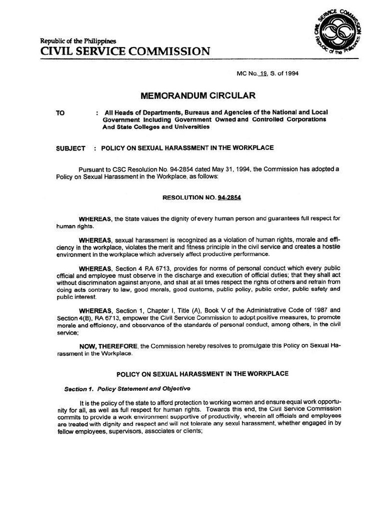 MC 19 SERIES 1994 - Policy On Sexual Harassment in The Workplace | PDF