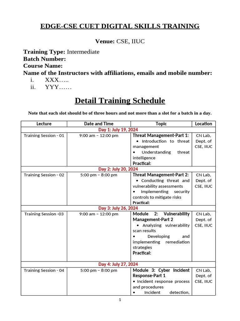 (Sample Intermediate) CBF-001 - Detail Training Plan | PDF