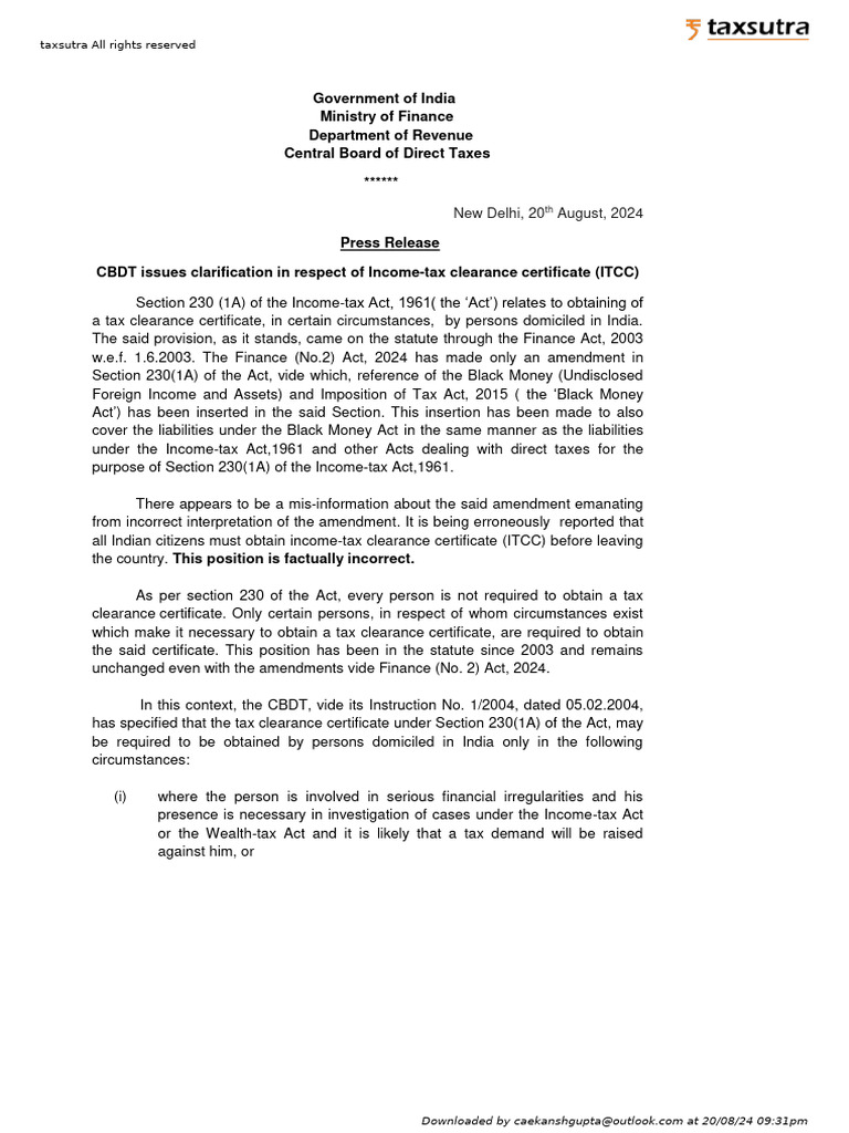 CBDT Issues Clarification in Respect of Income Tax Clearance ... CBDT Issues Clarification in Respect of Income Tax Clearance ...