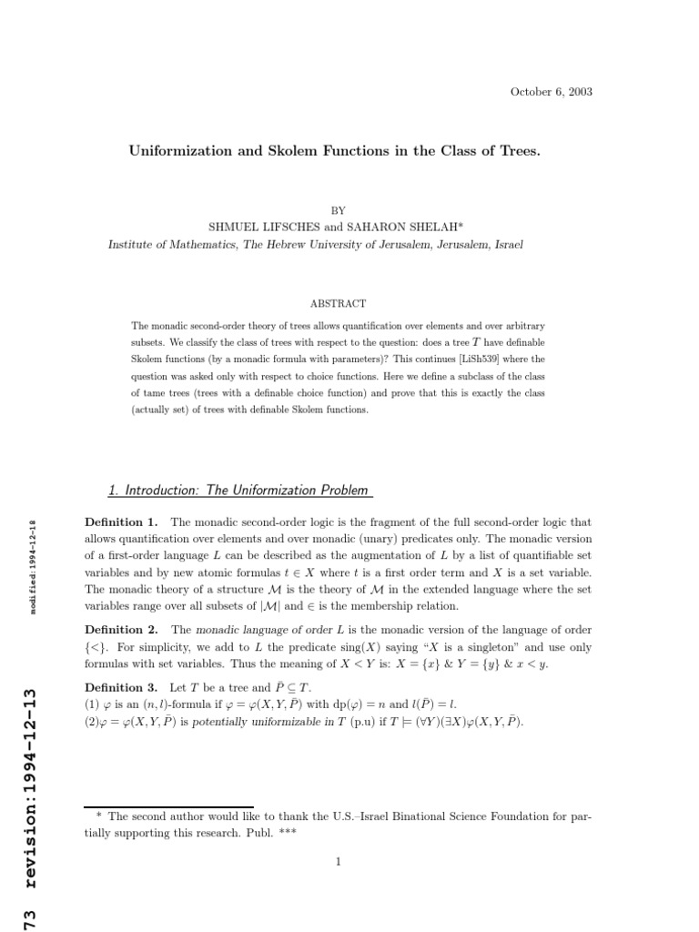 Skolem Functions in Tree Theory | PDF | Mathematical Logic | Teaching ...