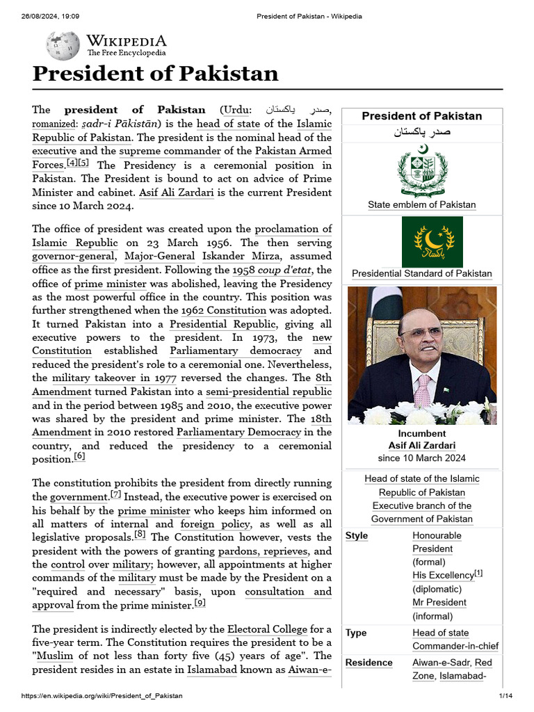 President of Pakistan - Wikipedia | PDF