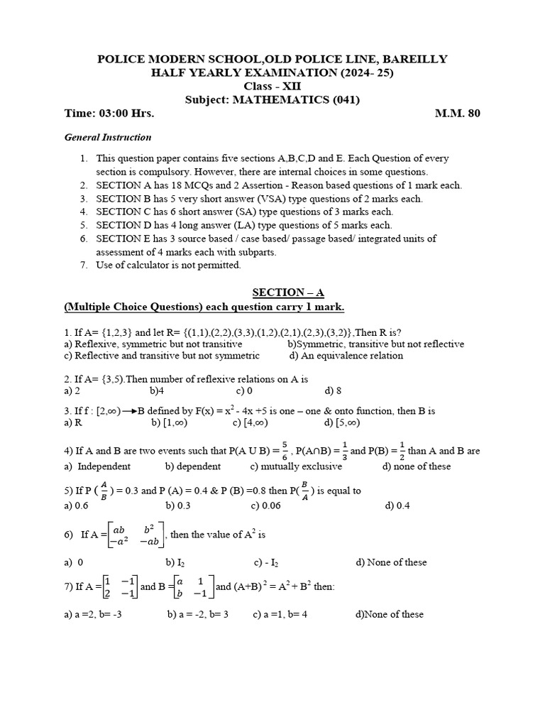 Mathematics XII Half Yearly Paper 2024 - 25 | PDF | Function ...
