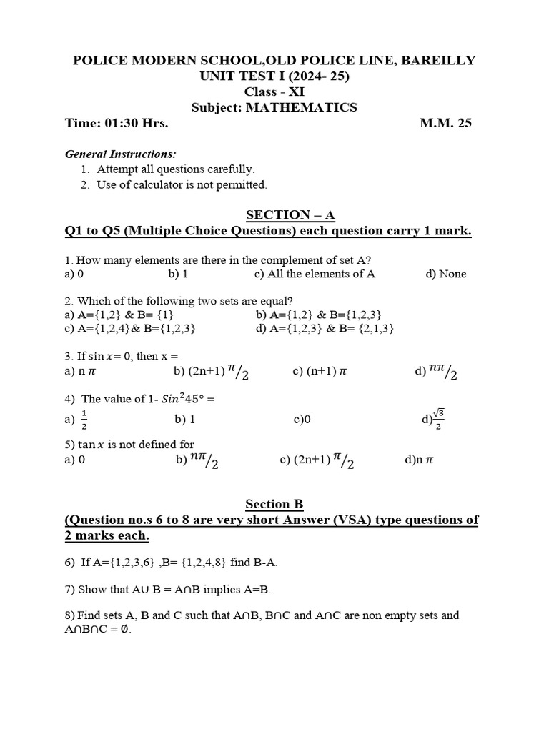 Maths Unit Test Paper 11th | PDF
