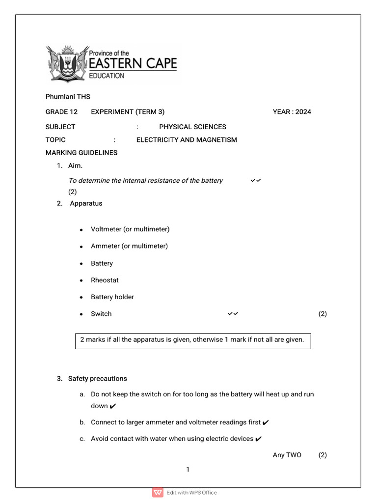 Marking Guide Internal Resistance Experiment Term 3 | PDF