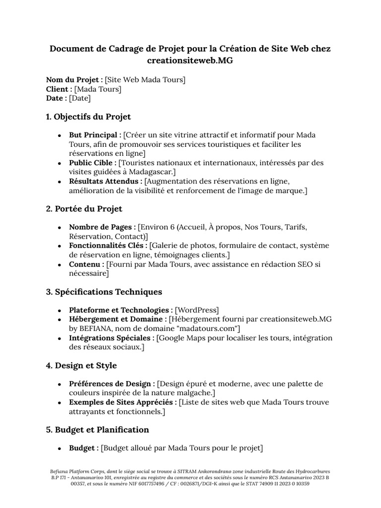 EXEMPLE - Document de Cadrage de Projet Pour La Création de Site Web | PDF