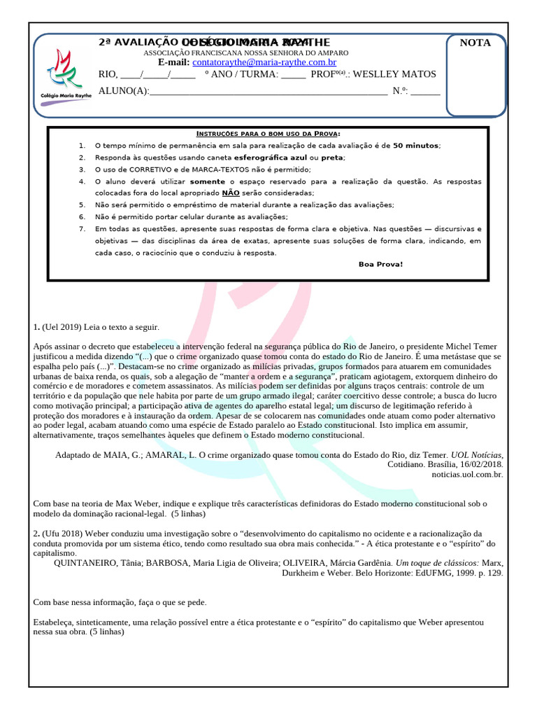 2a PROVA 1a SÉRIE 2o TRIMESTRE SOCIOLOGIA CMR 2024.. | PDF