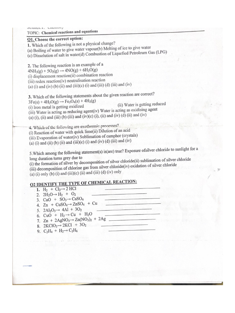 TOPIC Chemical Reactions and Equations | PDF