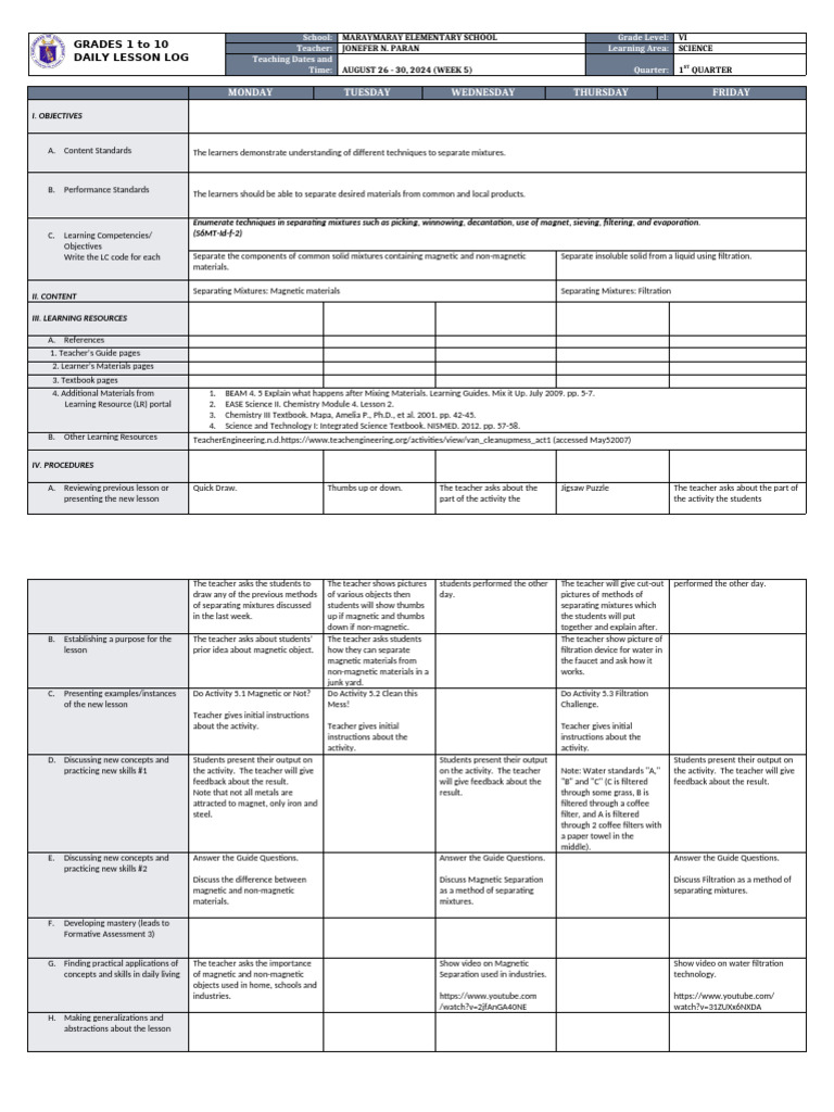 DLL - Science 6 - Q1 - W5 | PDF | Teachers | Behavior Modification