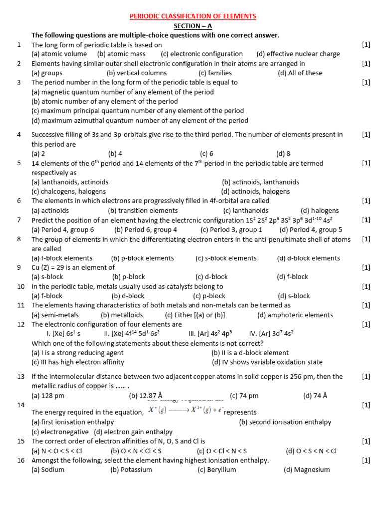 Periodic Classification of Elements - QB | PDF