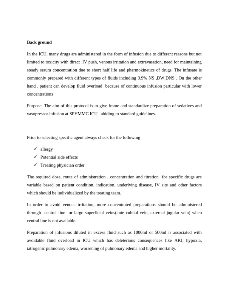 Infusion Protocol in Icu | PDF | Intravenous Therapy | Shock (Circulatory)