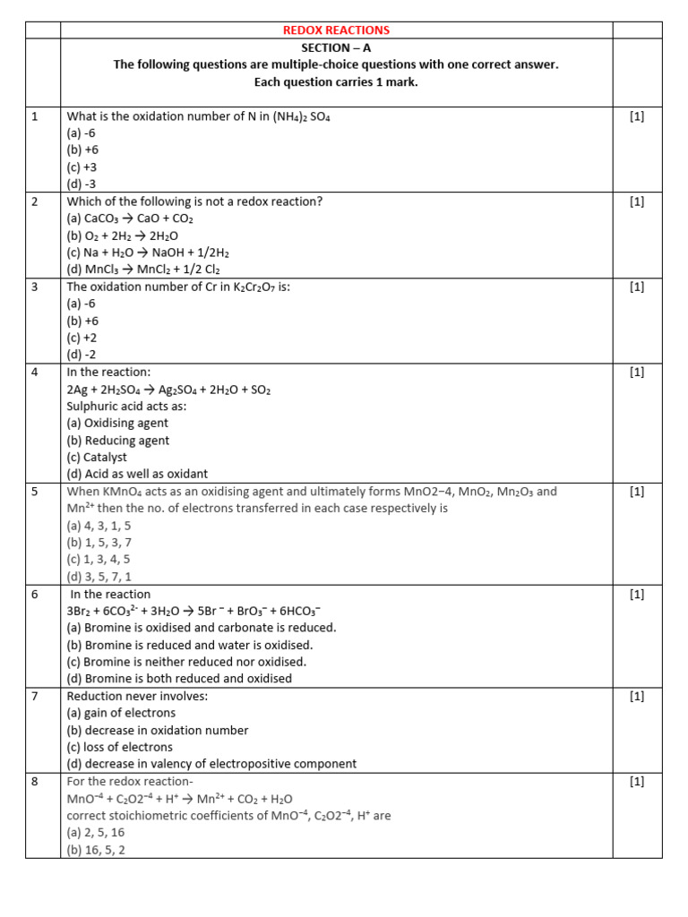 Question Bank-Redox Reactions | PDF