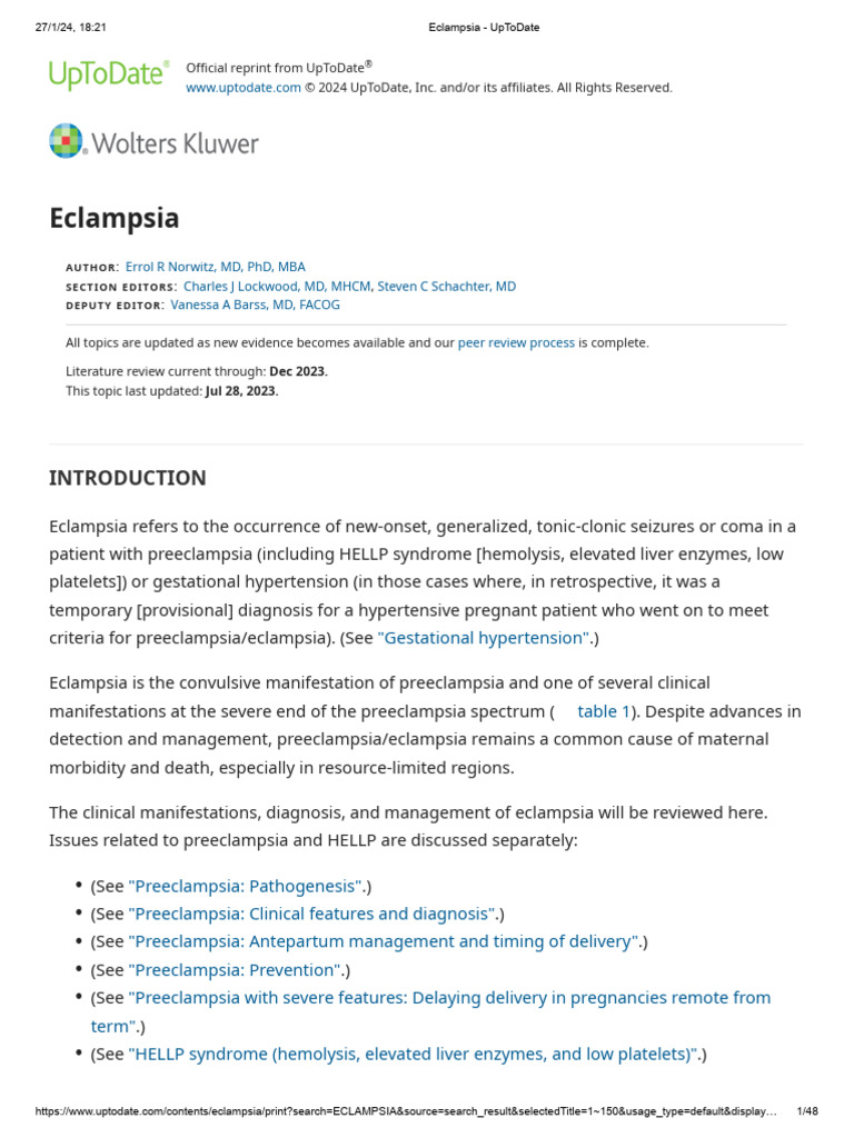 Eclampsia - UpToDate | PDF