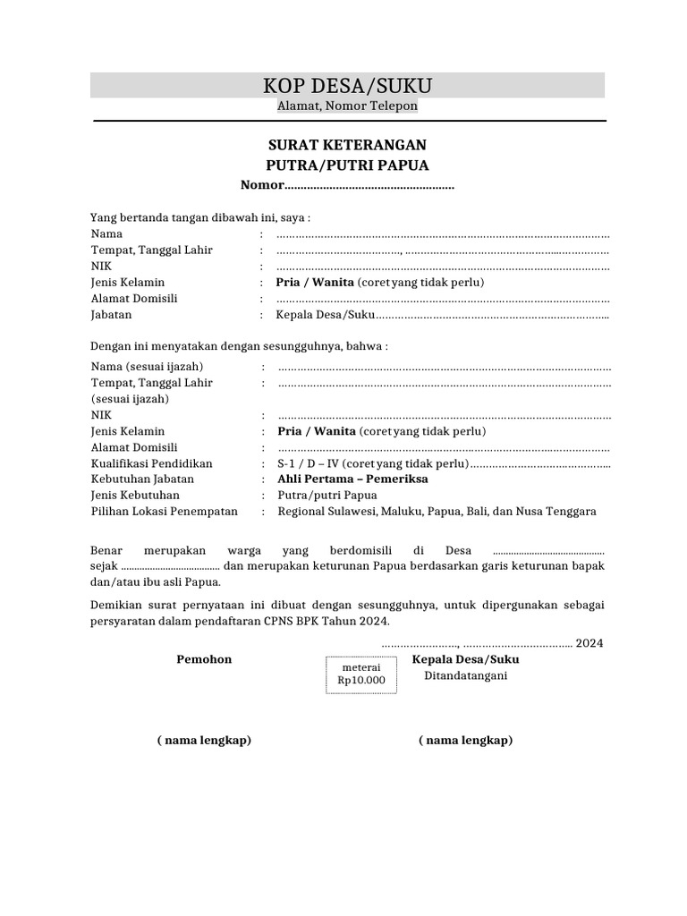 Format Surat Keterangan Papi Papua CPNS BPK 2024 | PDF
