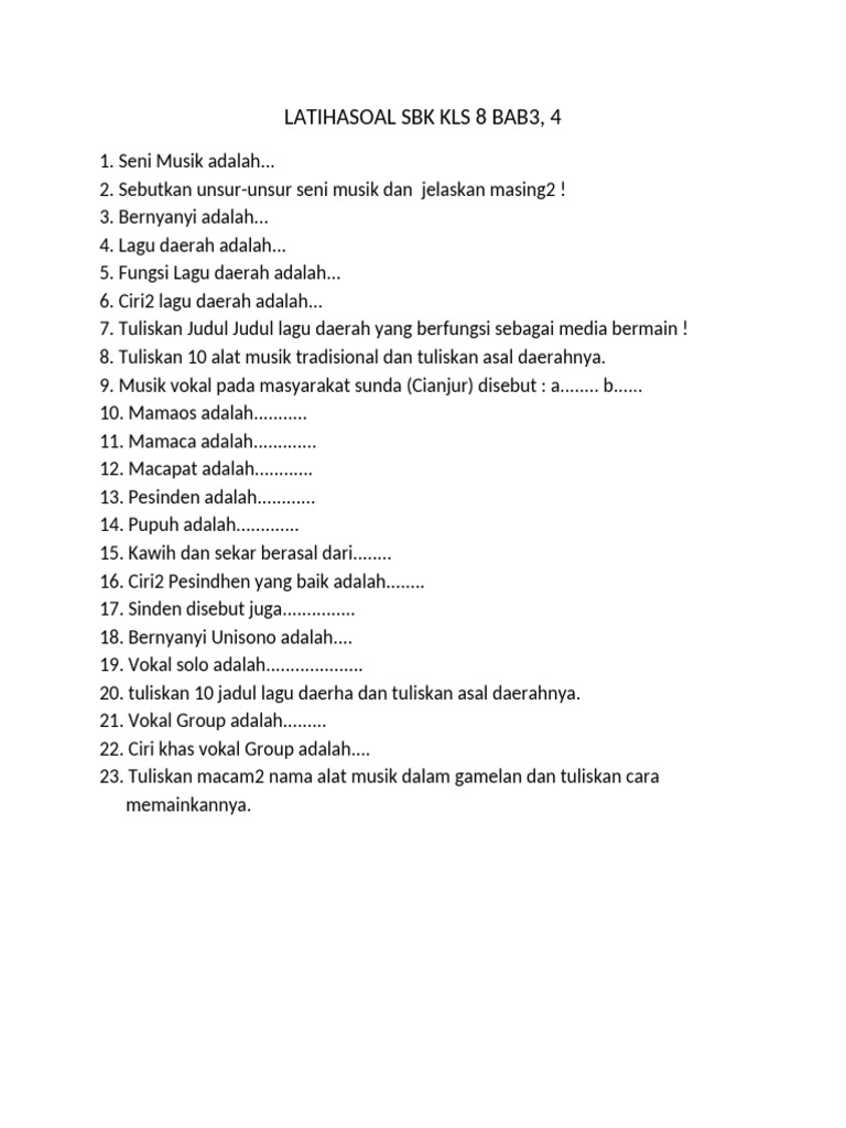 Latiha Soal SBK KLS 8 Bab 3, 4 | PDF