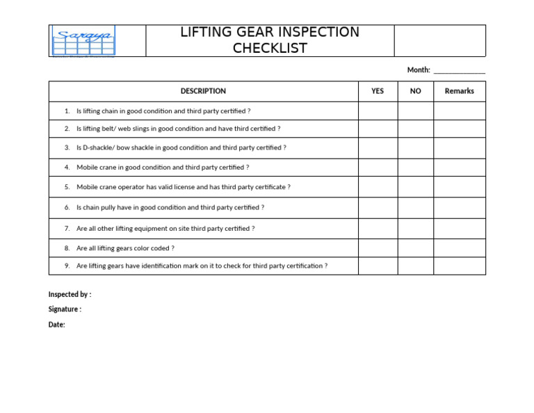 22- lifting gear inspection checklist | PDF