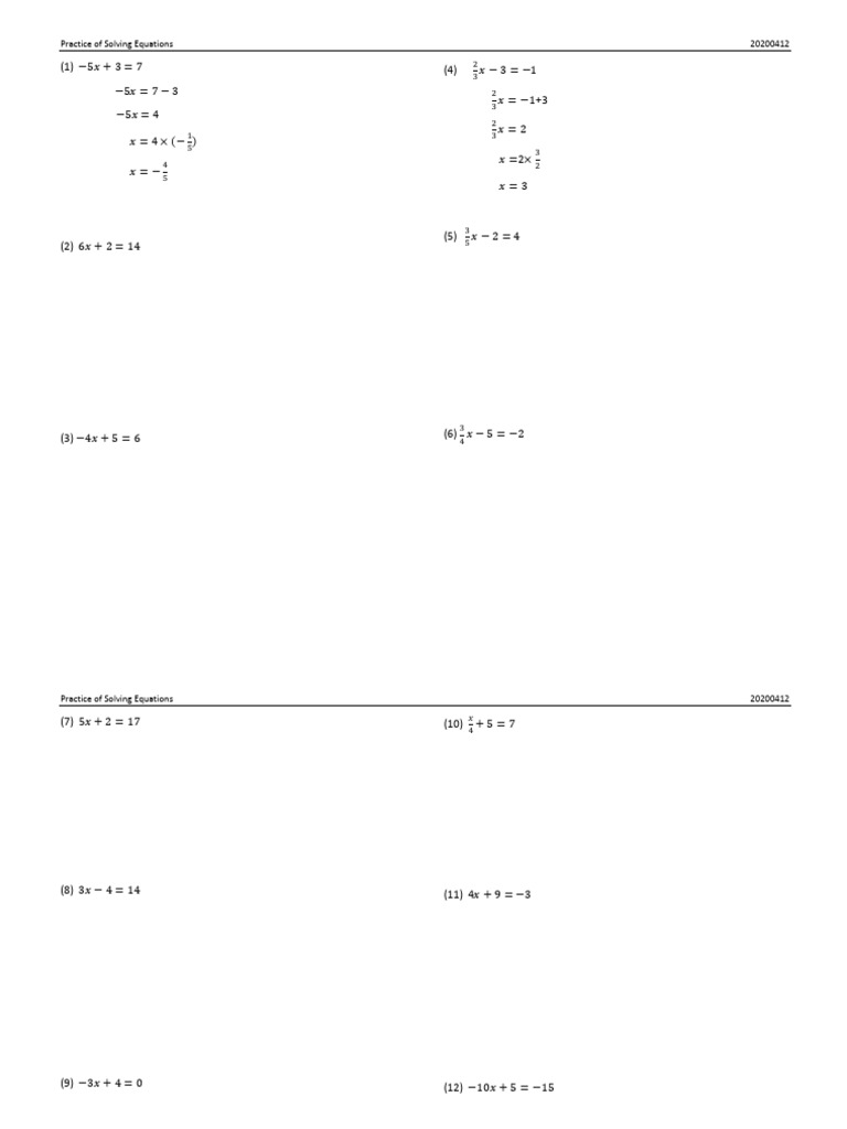 Practice of Solving Equations | PDF