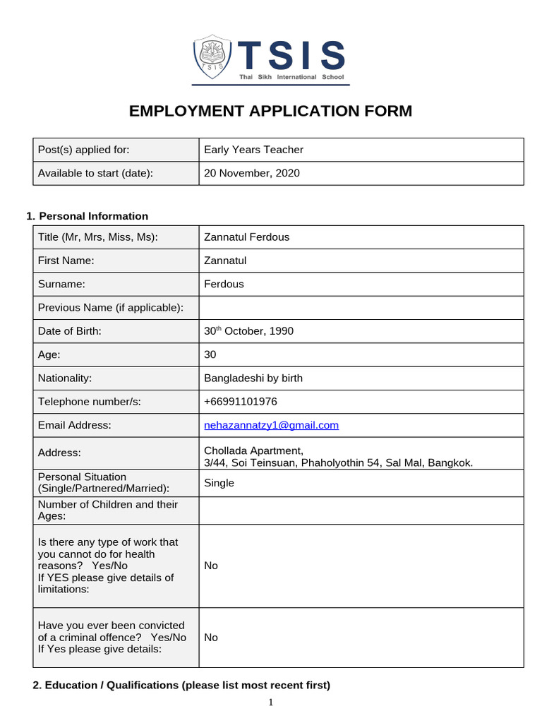 TSIS Teacher Application Form | PDF
