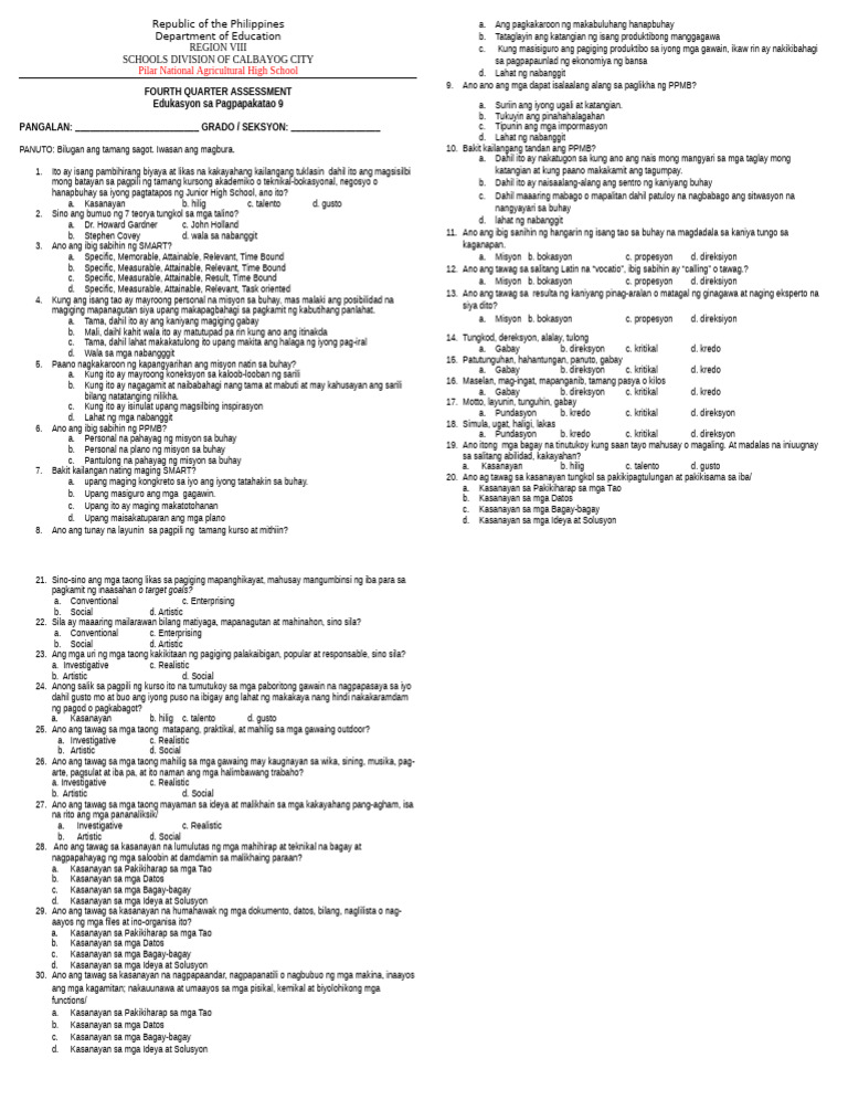 4TH Q Esp9 TQ Final | PDF