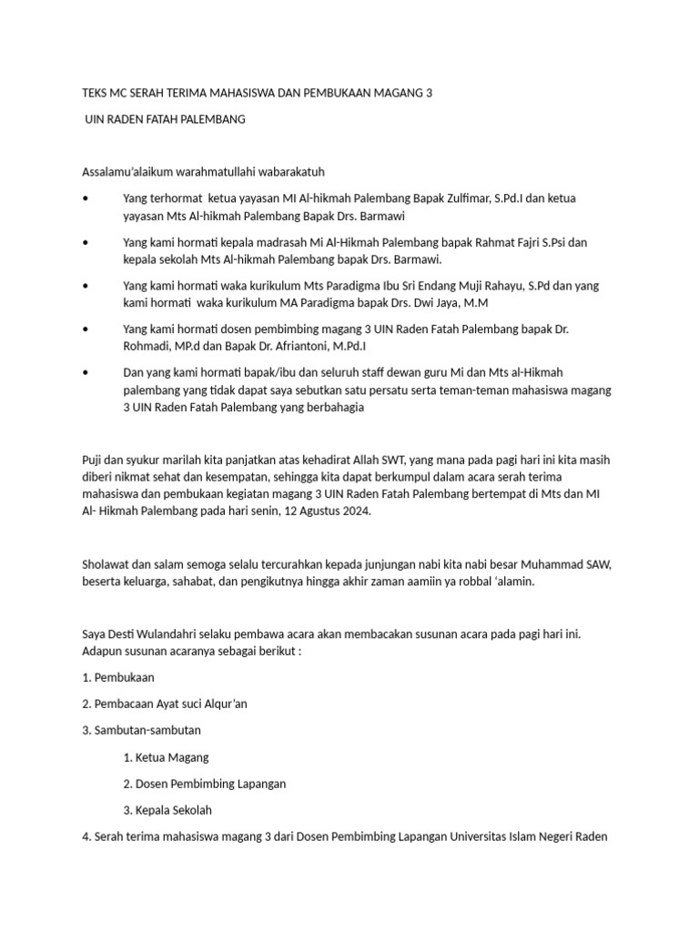 Teks MC Serah Terima Mahasiswa Dan Pembukaan Magang 3 | PDF