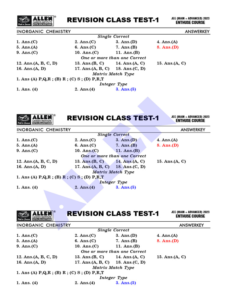 GRP Revision Class Test - 01 Answer Key | PDF | Science Education ...