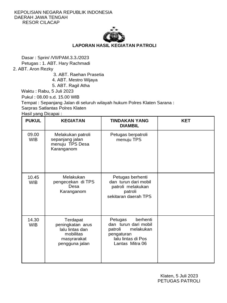Laporan Hasil Patroli | PDF