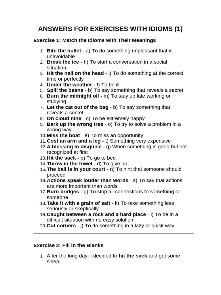 Answers For Exercises With Idioms | PDF