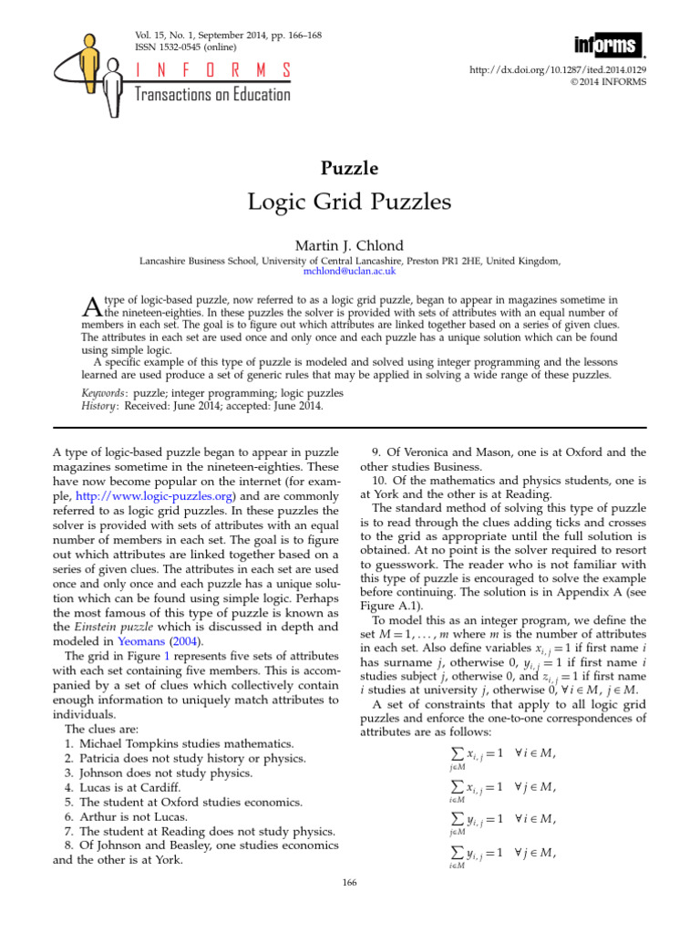 Chlond 2014 Puzzle Logic Grid Puzzles | PDF
