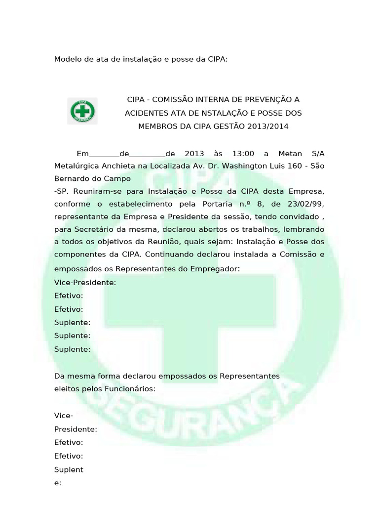 Modelo de Ata de Instalacao e Posse Da CIPA | PDF