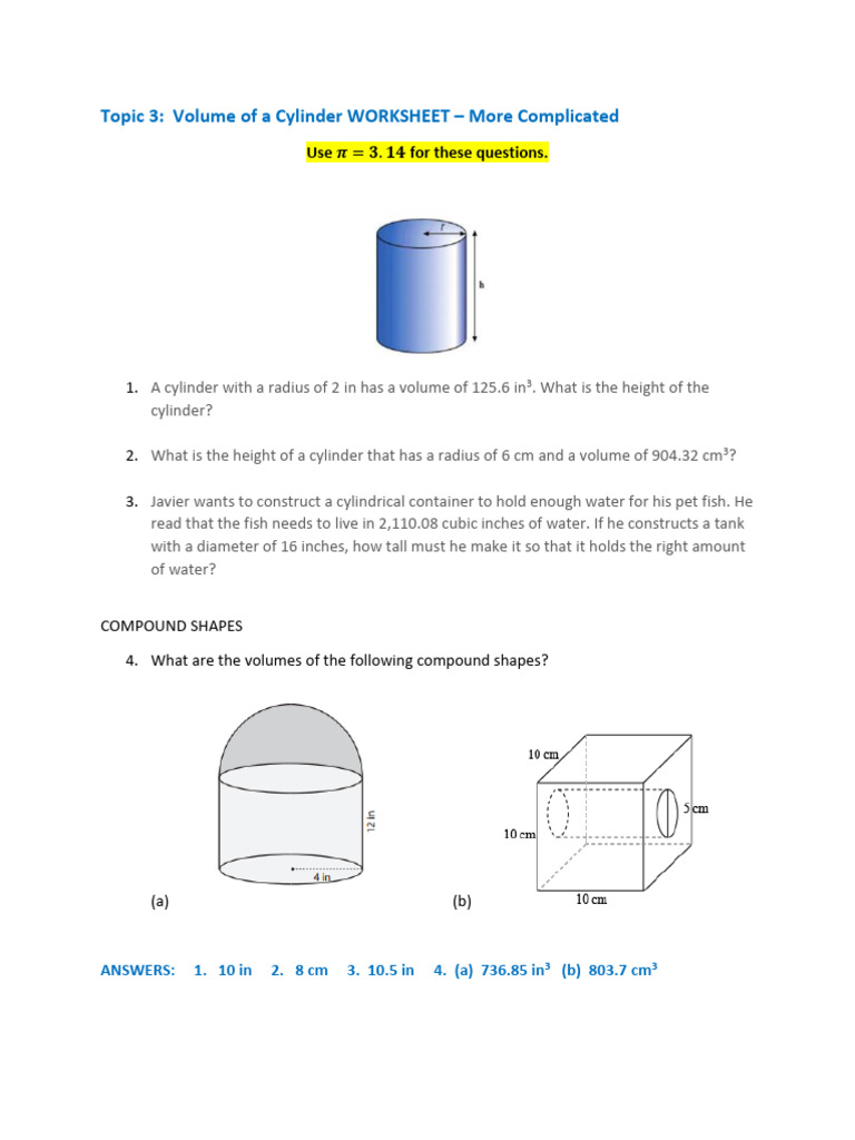 WORKSHEET - Topic 3 - Volume of Cylinders - More Complicated | PDF