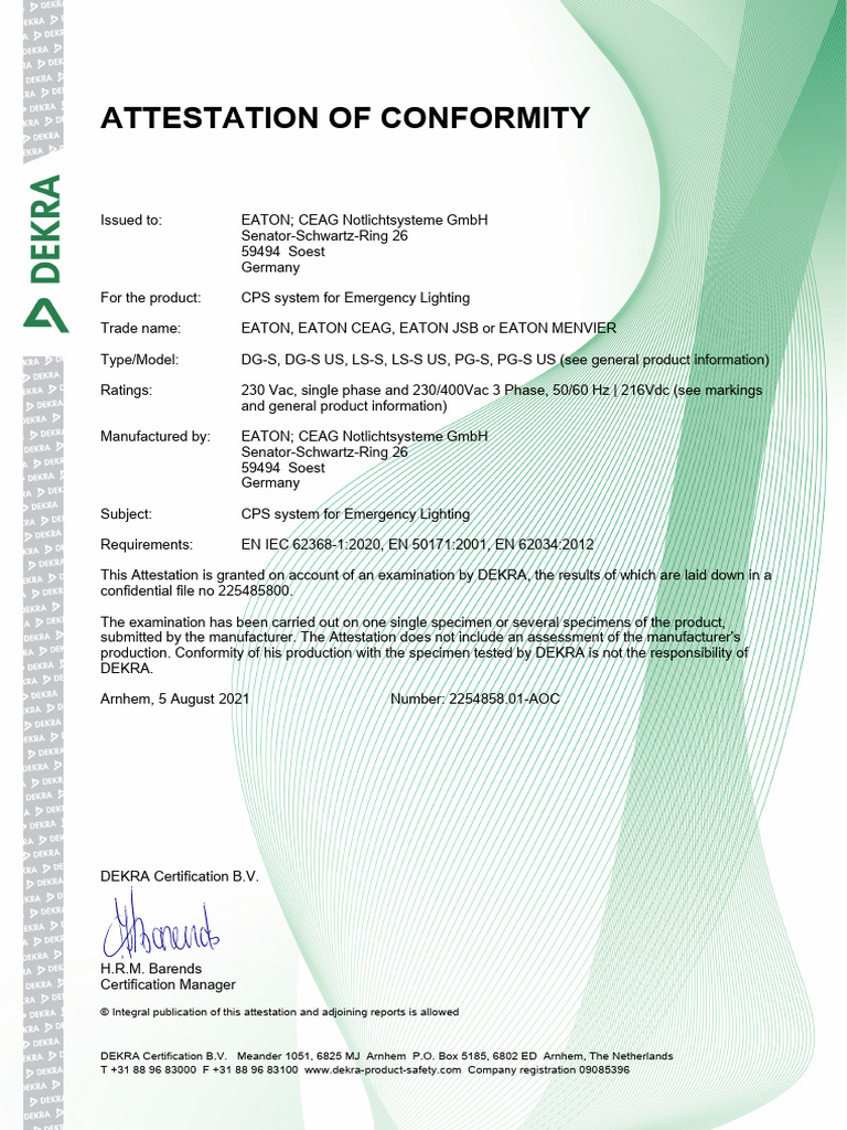 Eaton Emergency Lighting Cps System Dualguard S Certificate Aoc en | PDF
