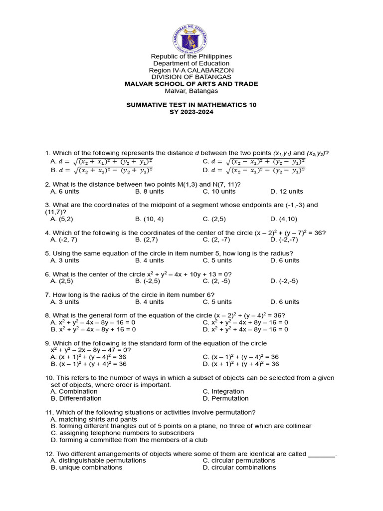 4TH Summative G10 | PDF