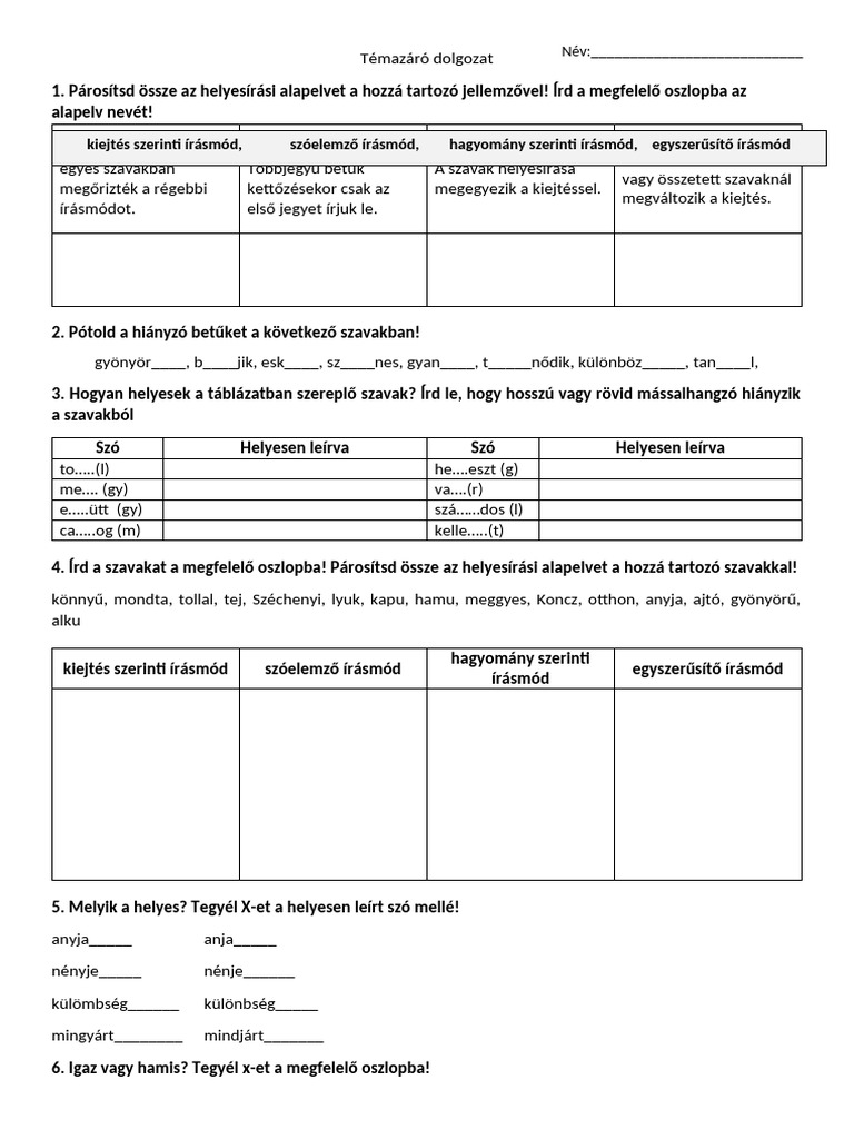 12.20 - Témazáró Dolgozat - Helyesírási Alapelvek - 5.a - Osztály | PDF
