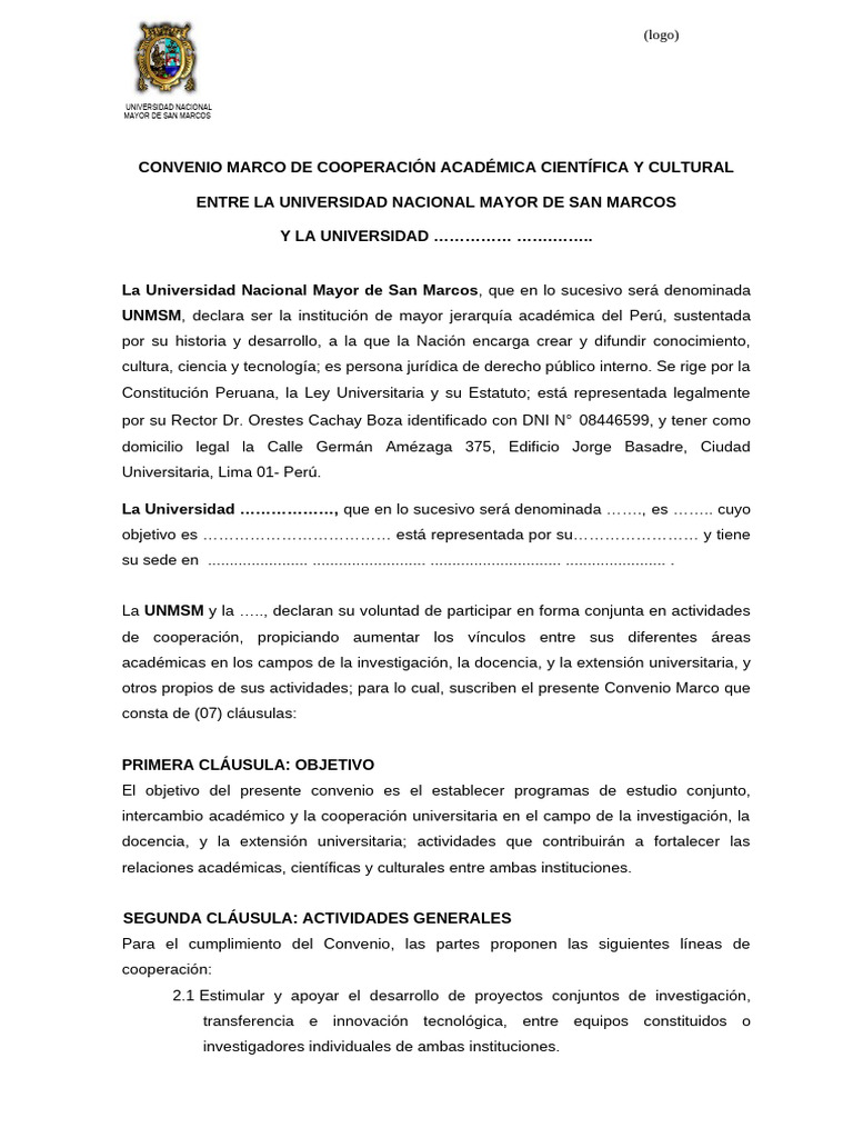 Convenio De Cooperación Unmsm Pdf Universidad Ciencias Sociales