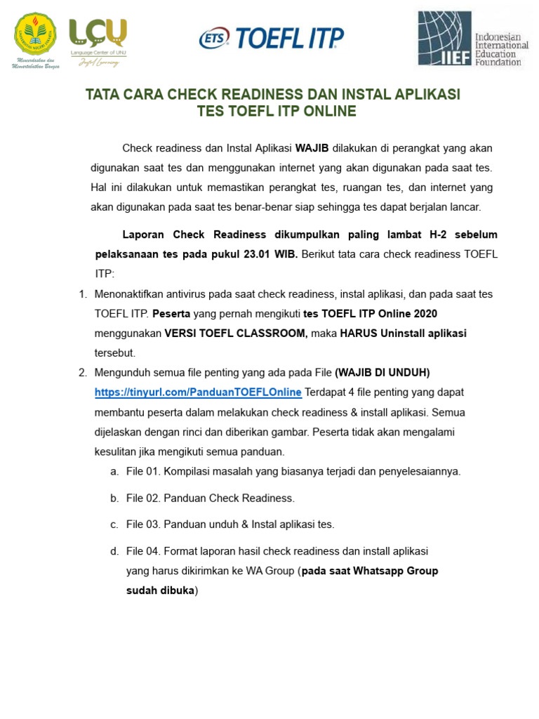 Tata Cara Check Readiness & Instal Aplikasi Toefl Lcu Unj | PDF