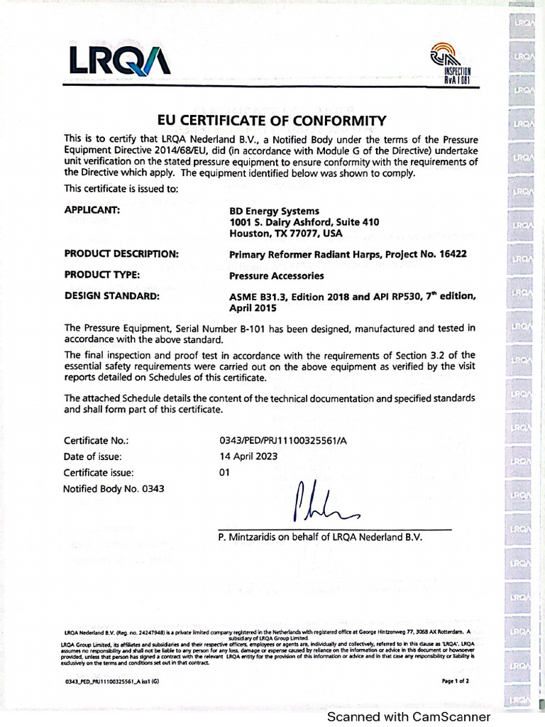 B101 - Certificate of Conformity - Signed by NoBo | PDF