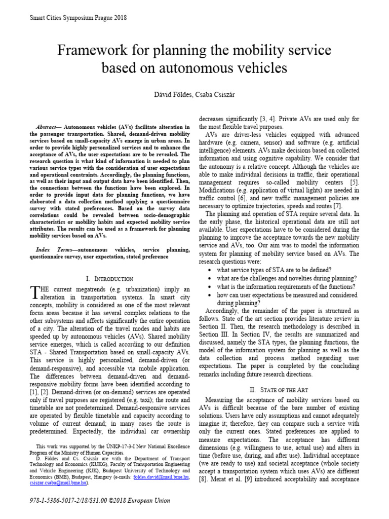 Framework For Planning The Mobility Service Based On Autonomous Vehicles | PDF
